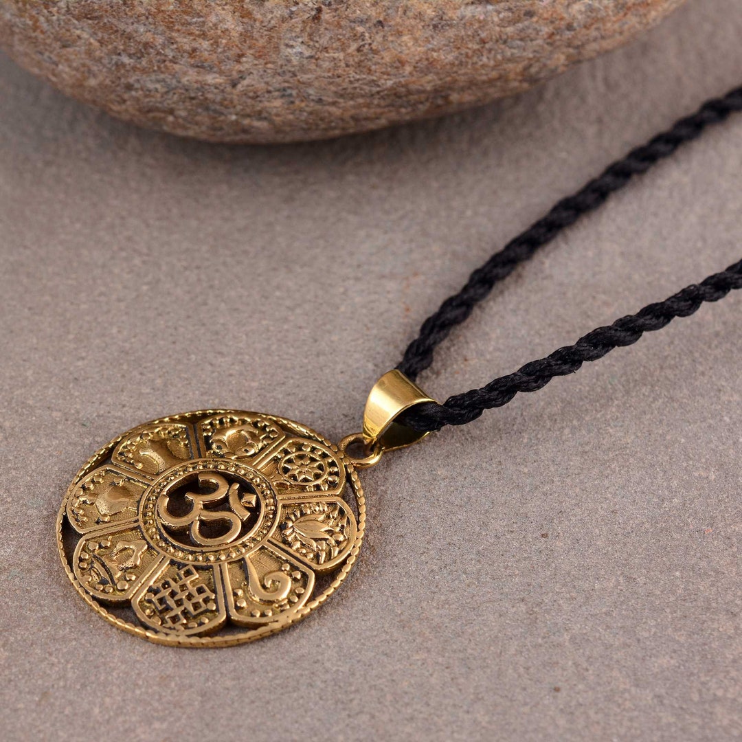 Om With 8 Tibetan Protective Symbols Pendant Necklace, Hindu Symbol ...