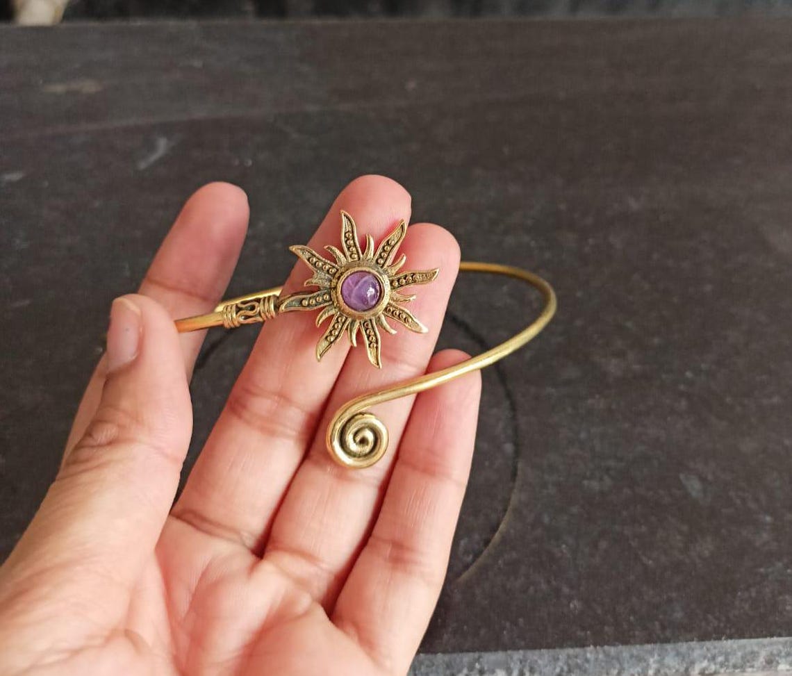 Gold Sun Amethyst Upper Arm Cuff Arm Band Spiral Handmade Made of Brass ...