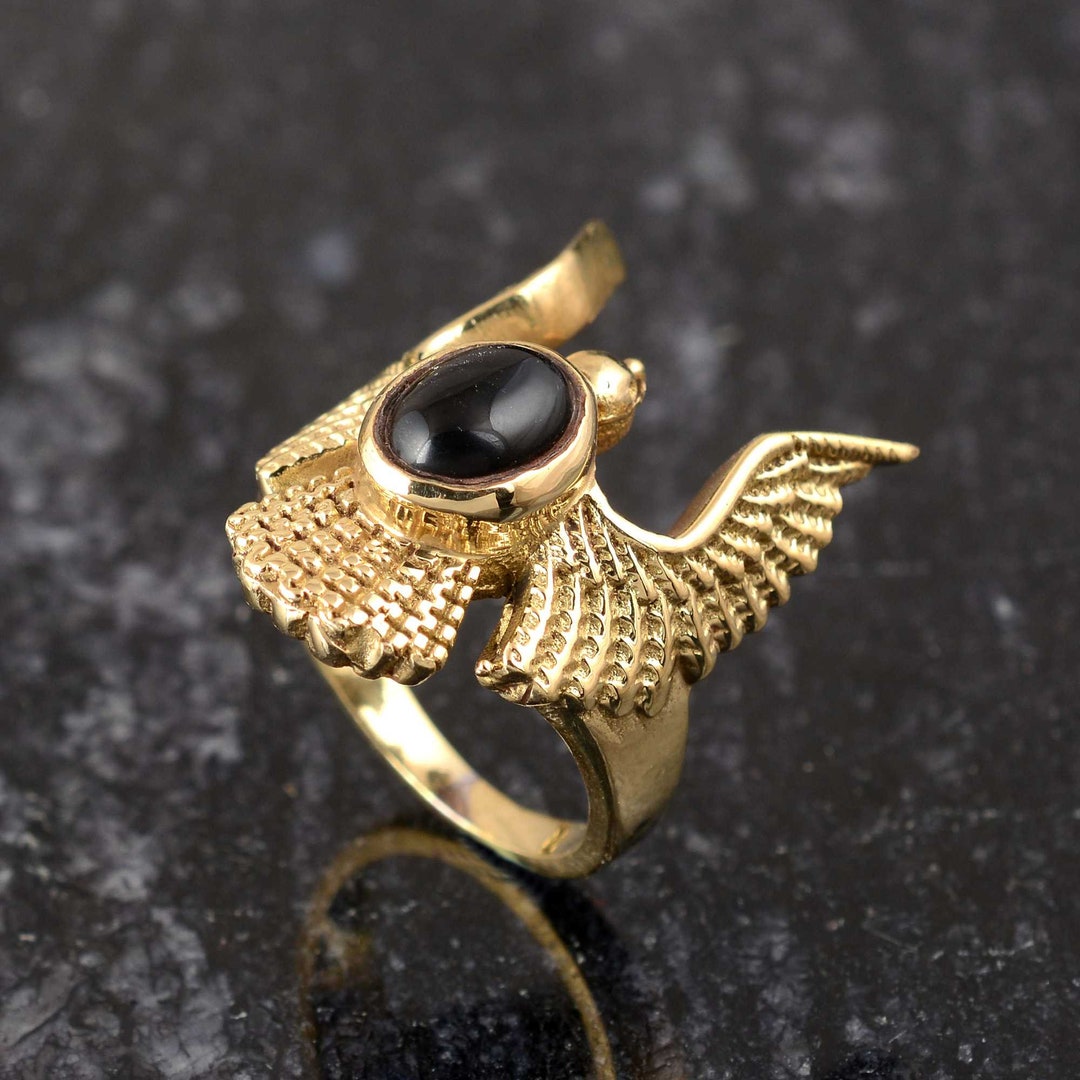 Eagle Ring in Black Obsidian, Vintage Gold Hawk Ring, Thunderbird Ring ...