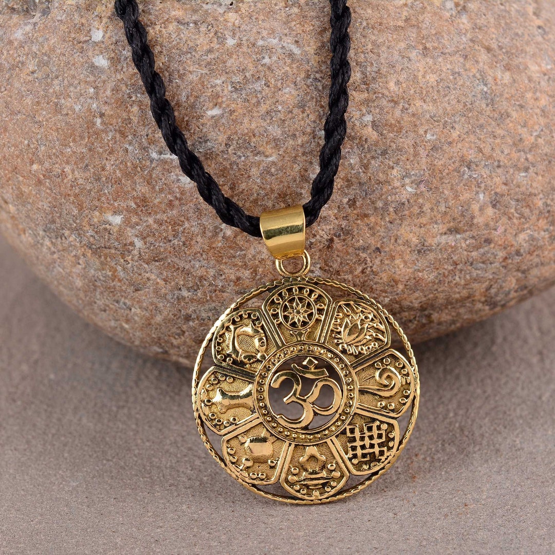 Om With 8 Tibetan Protective Symbols Pendant Necklace, Hindu Symbol ...