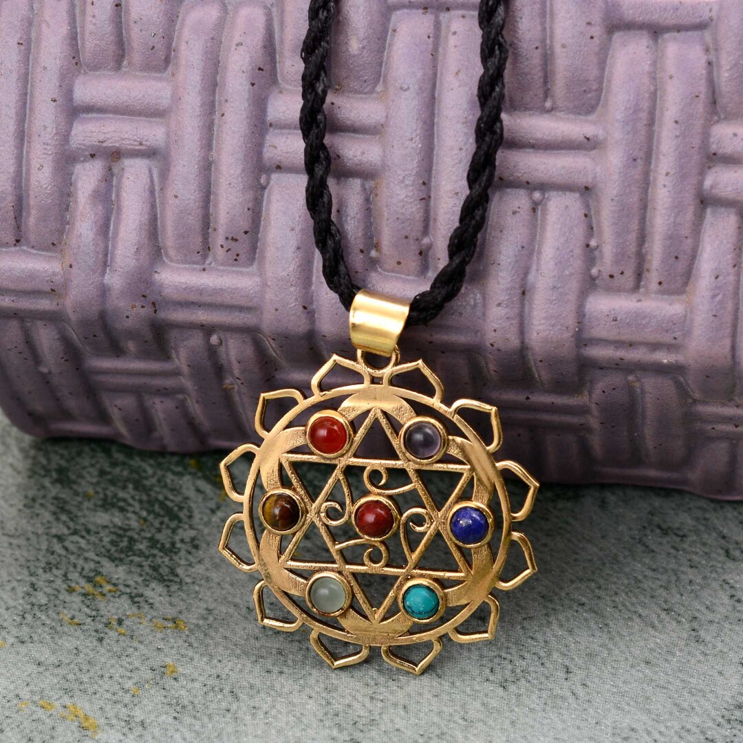 Brass 7 Chakras Stone Pendant, Handmade Pendant,sri Yantra Necklace ...