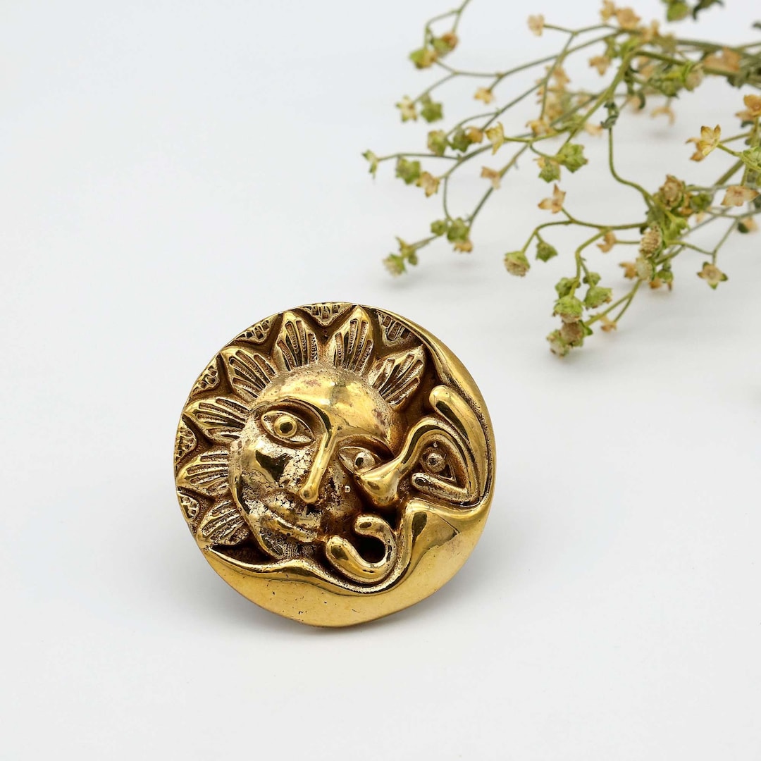 Gold Moon and Sun Face Ring, Statement Ring, Brass Ring, Celestial Ring ...