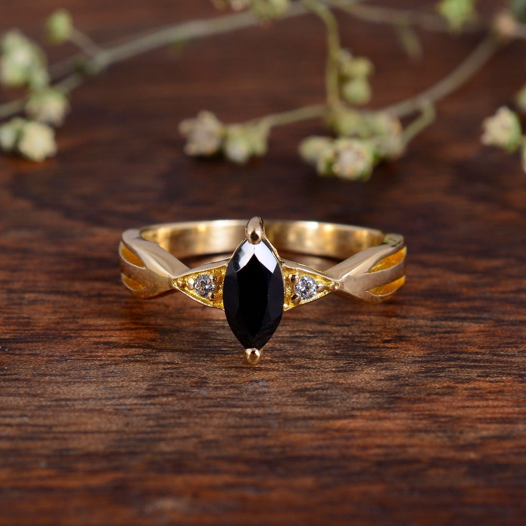 Black Obsidian Ring, Gold Brass Ring, Women Gift Ring, Gemstone Ring ...