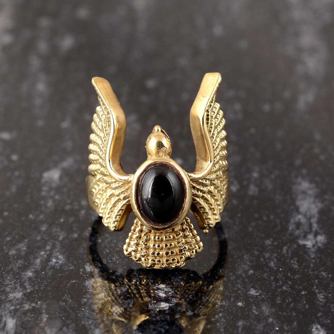 Eagle Ring in Black Obsidian, Vintage Gold Hawk Ring, Thunderbird Ring ...