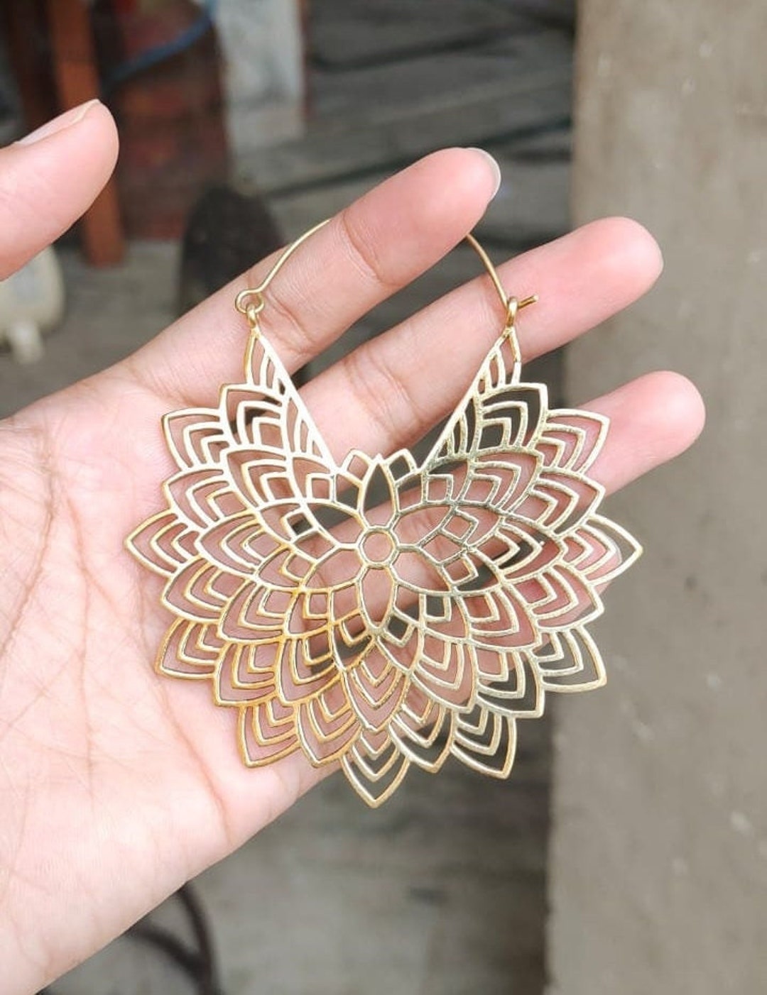 Boho Mandala Brass Flower Hoop Earrings, Mandala Earrings, Tribal ...