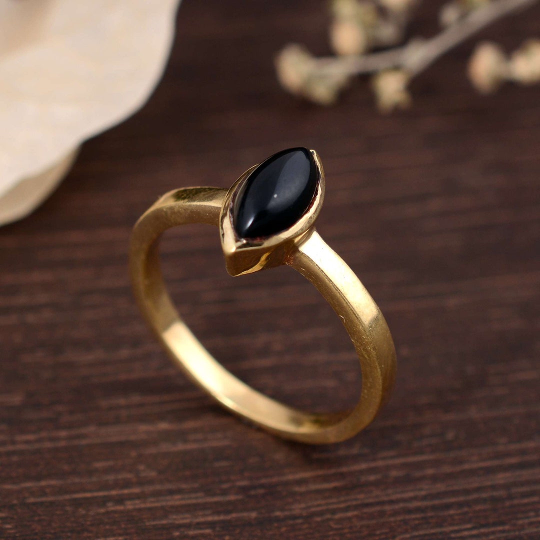 Black Obsidian Ring, Marquise Gemstone Ring, Gold Ring, Stacking Black ...