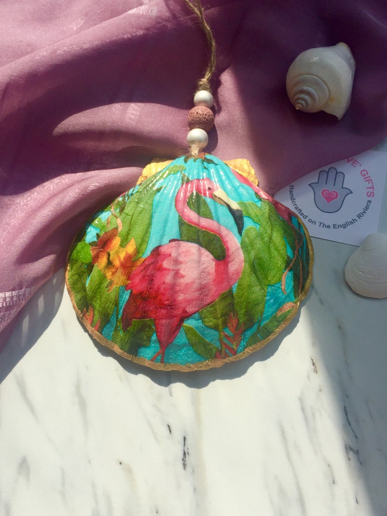 FLAMINGO on Hanging Scallop Shell Decoupaged Seashell Essential Oil ...