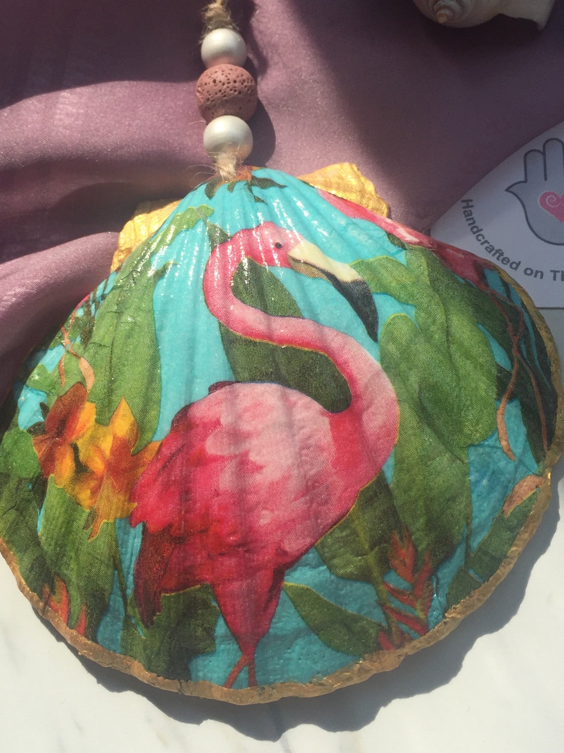 FLAMINGO on Hanging Scallop Shell Decoupaged Seashell - Etsy