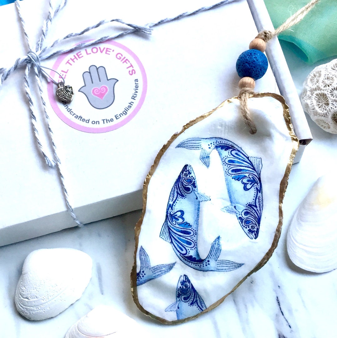 OYSTER SHELL DIFFUSER Blue & White Decoupage Fish Decoration Essential ...