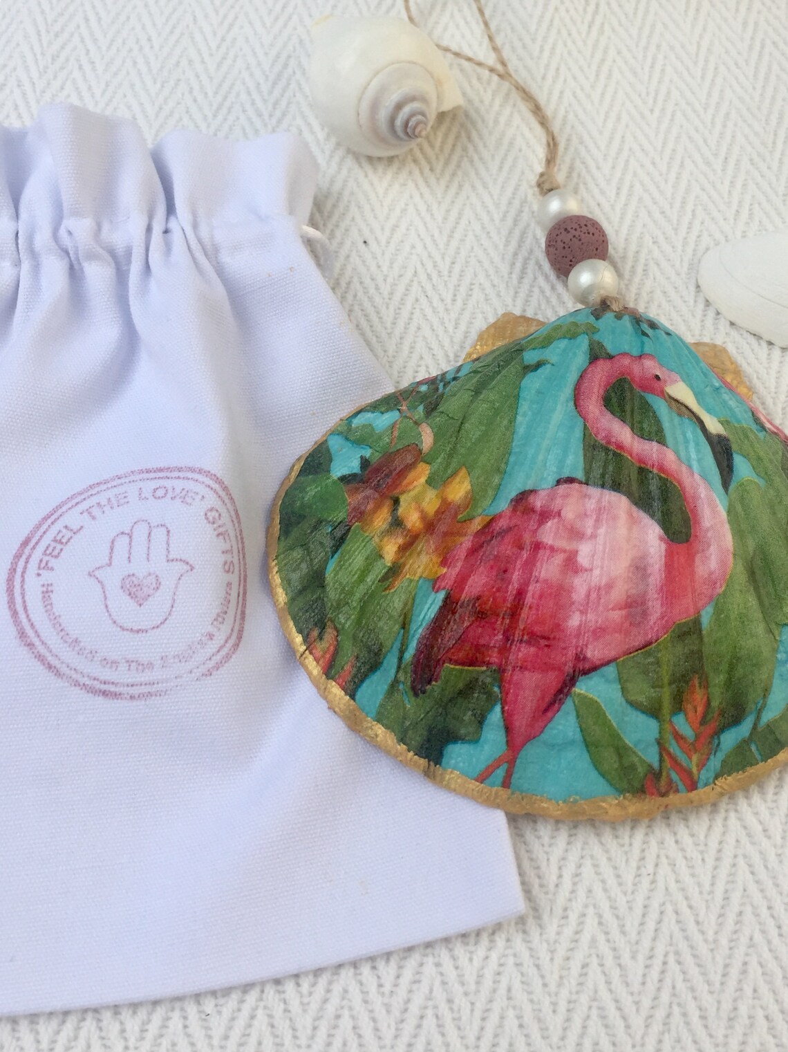FLAMINGO on Hanging Scallop Shell Decoupaged Seashell - Etsy