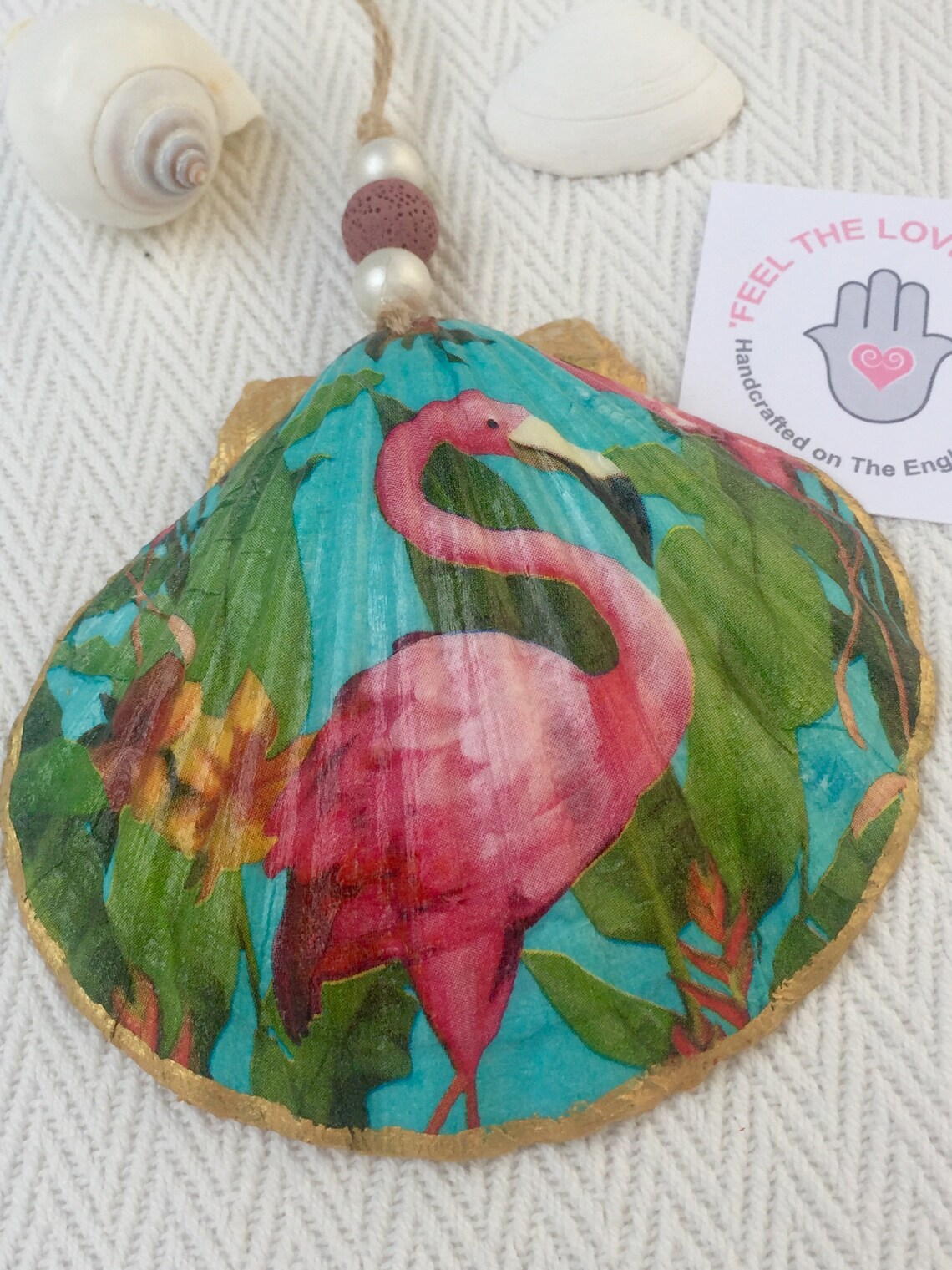 FLAMINGO on Hanging Scallop Shell Decoupaged Seashell - Etsy