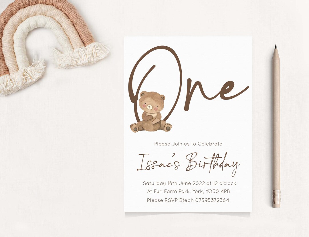 FIRST BIRTHDAY Bear Theme Invitation Personalised Birthday Party ...