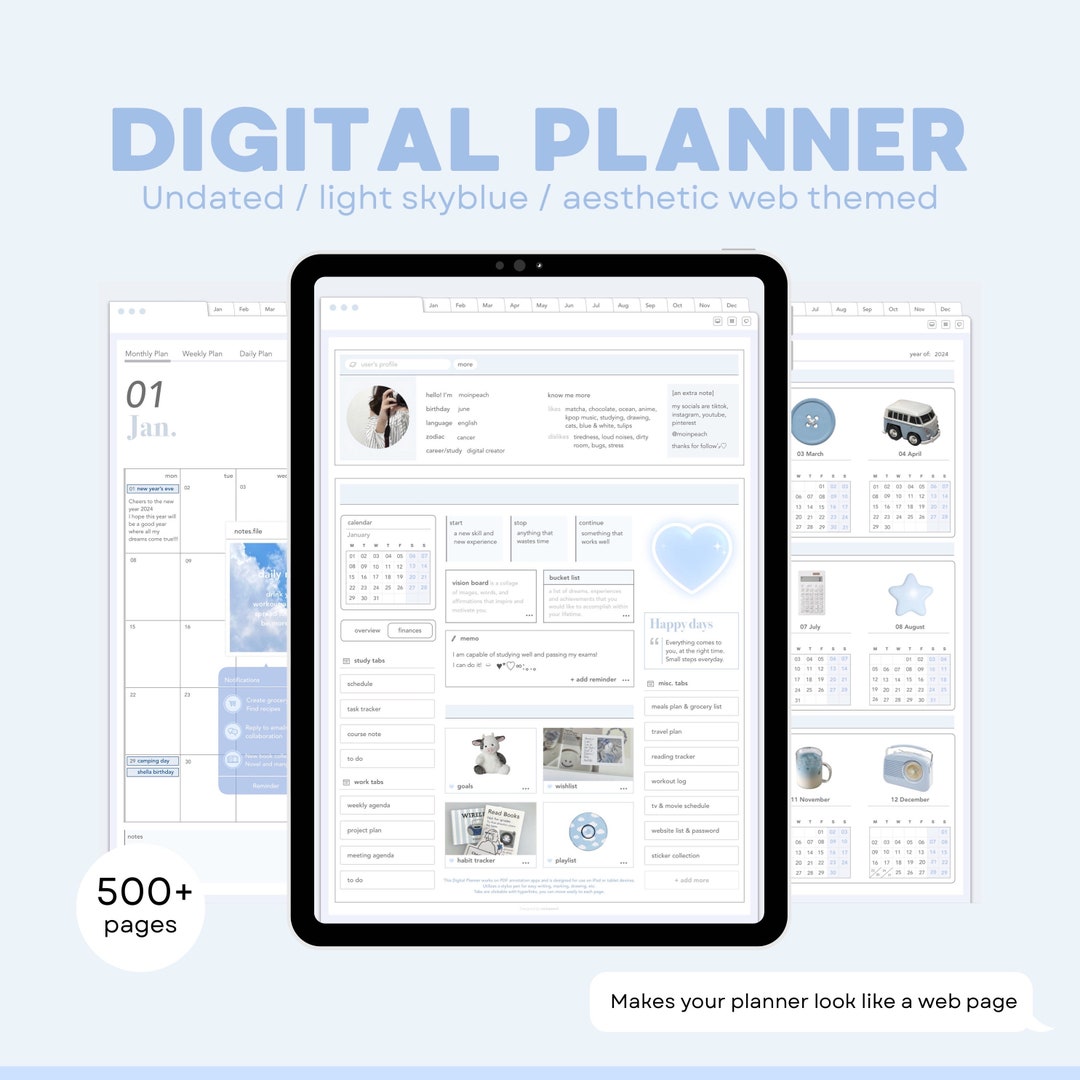 Undated Digital Planner Light Skyblue Aesthetic Web Themed Portrait ...