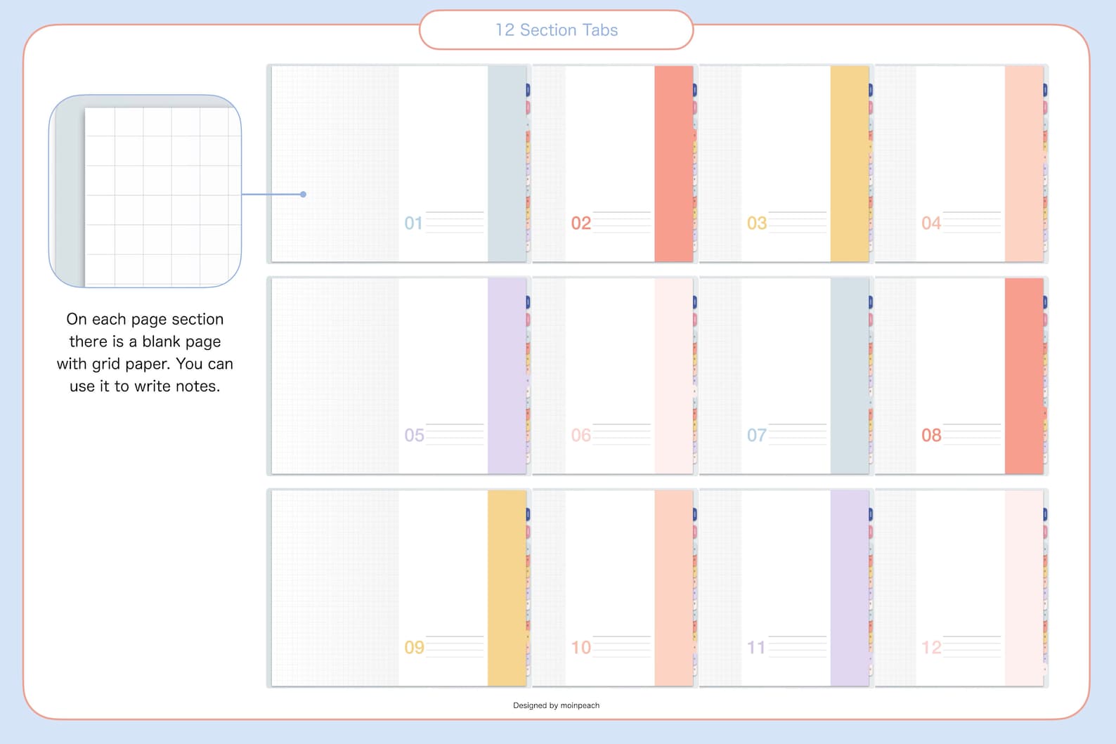12 Tab Color Digital Notebook Landscape 2 Sided Minimalist for Student ...