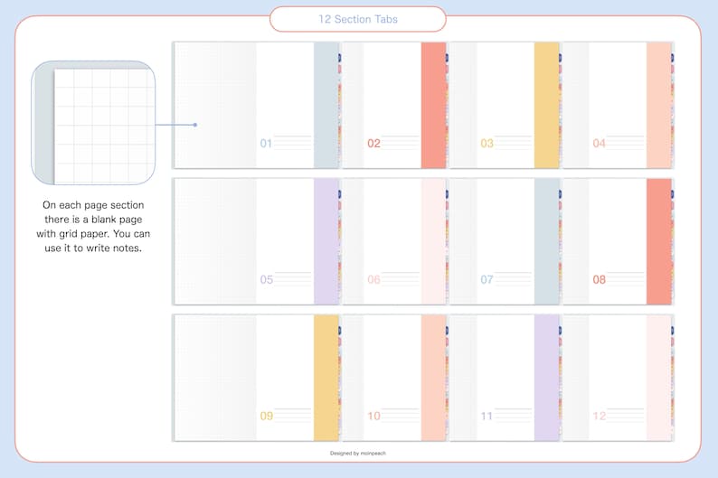 12 Tab Color Digital Notebook Landscape 2 Sided Minimalist for Student ...