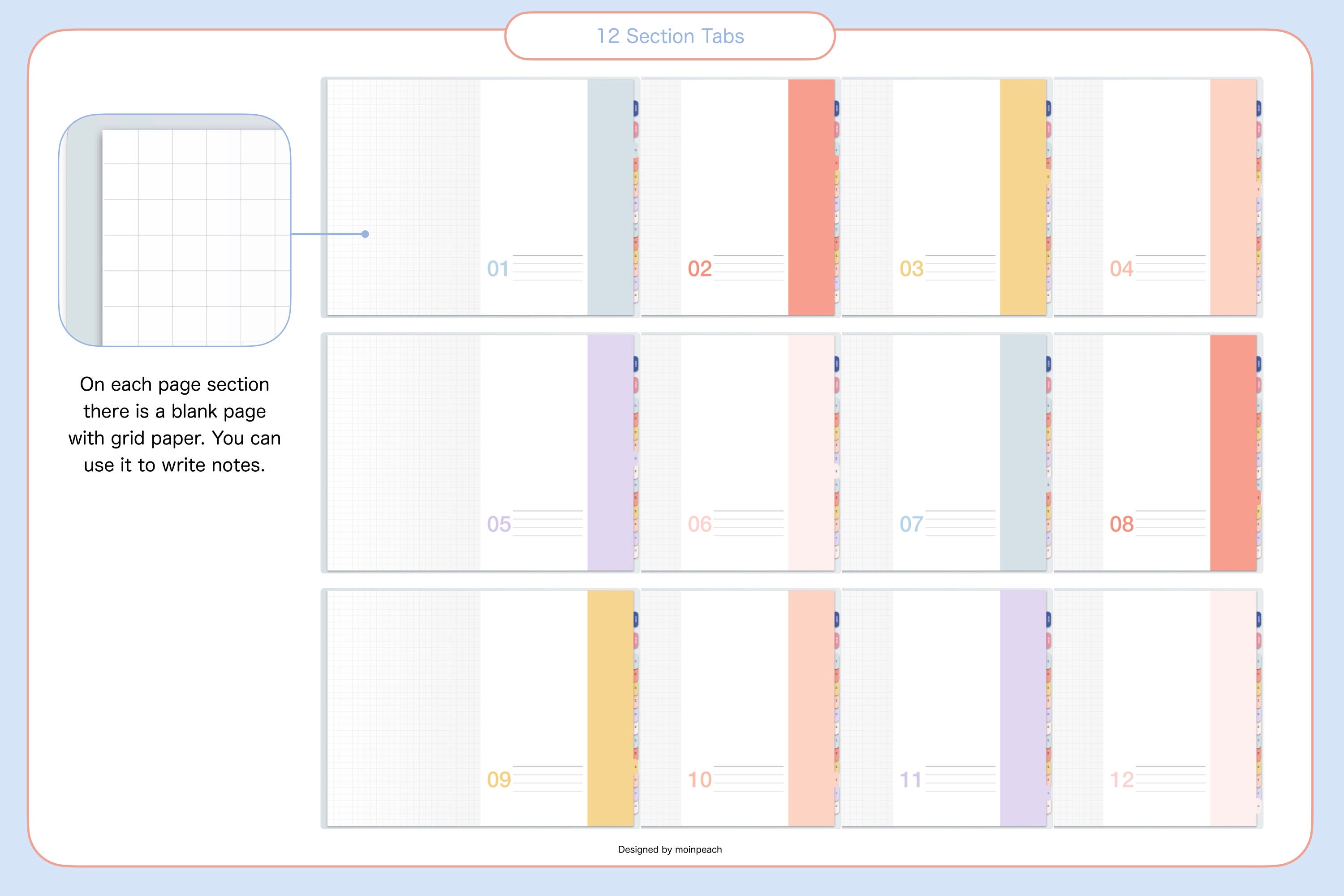 12 Tab Color Digital Notebook Landscape 2 Sided Minimalist for Student ...