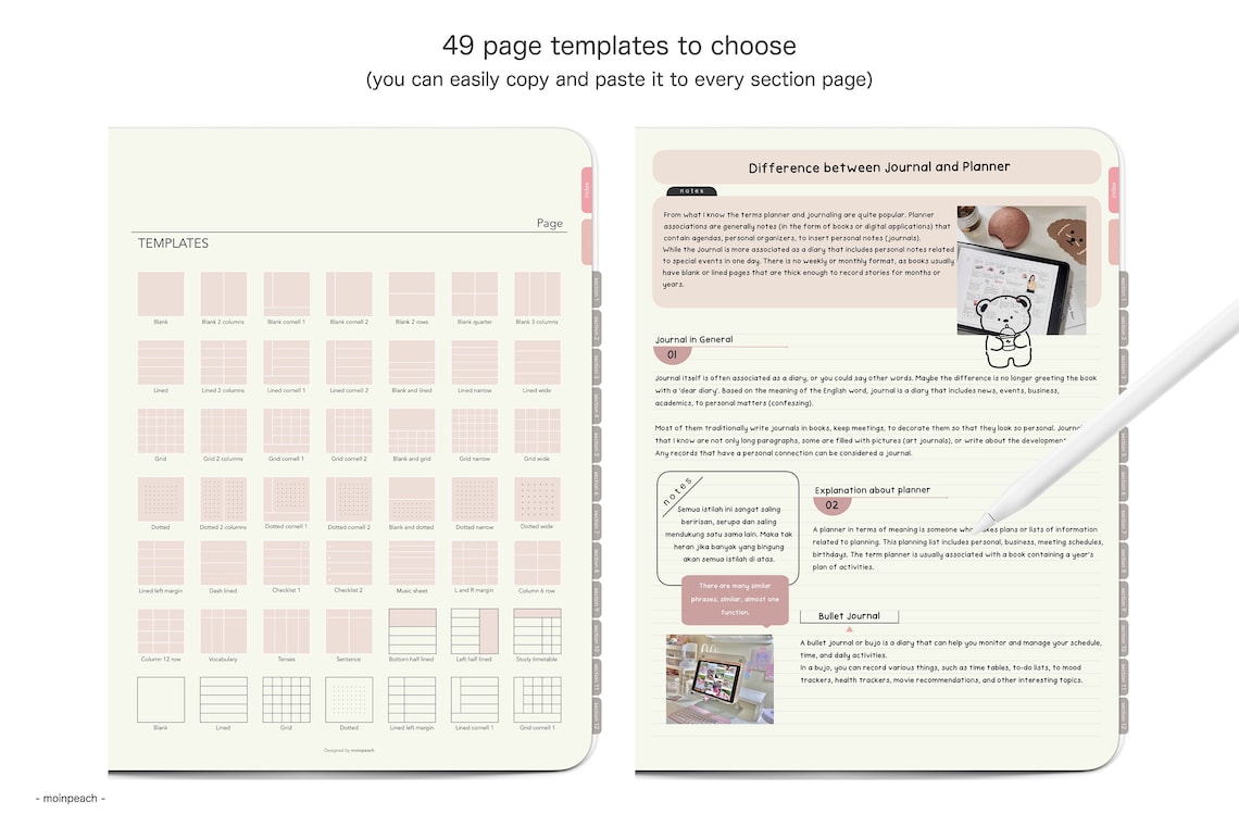 12 Tabs Digital Notebook Template in Peach Beige Page Cute - Etsy
