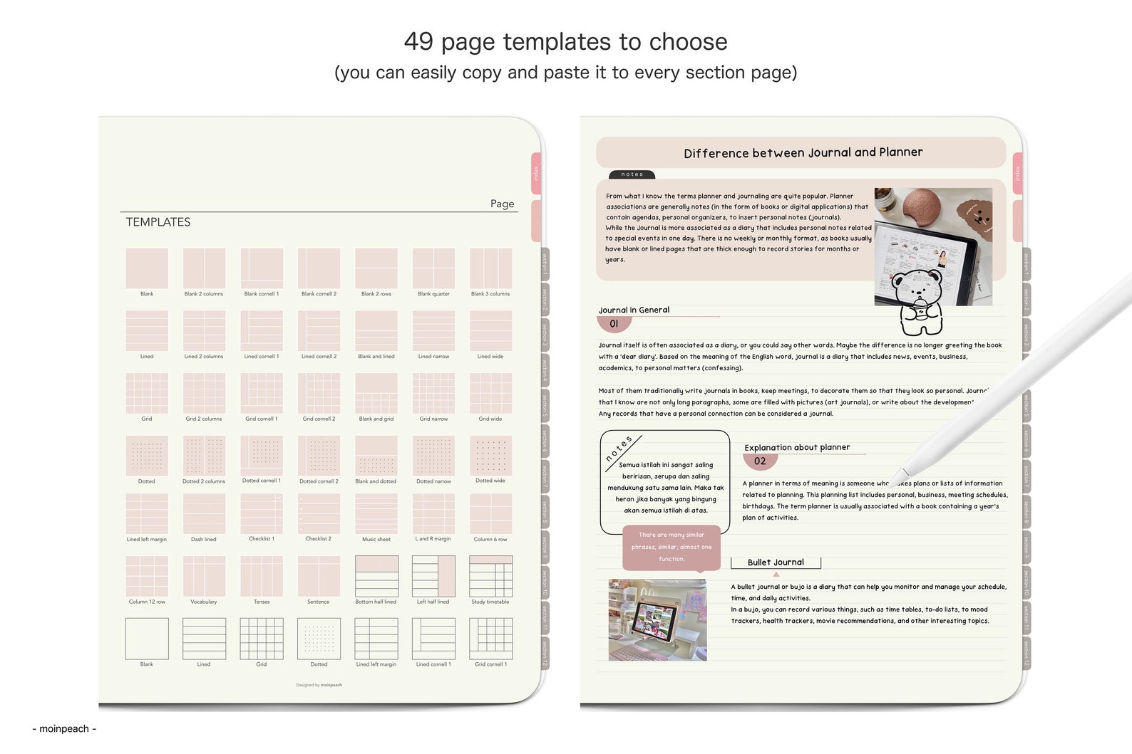 12 Tabs Digital Notebook Template in Peach Beige Page Cute Minimalist ...