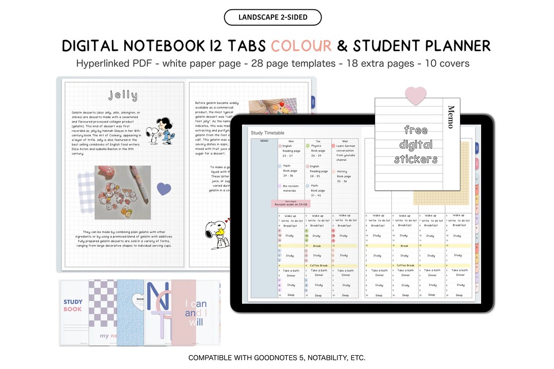 12 Tab Color Digital Notebook Landscape 2 Sided Minimalist for Student ...