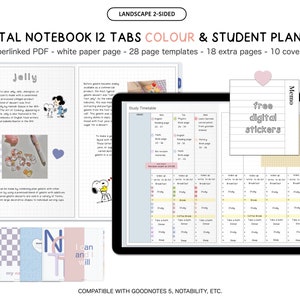 12 Tab Color Digital Notebook Landscape 2 Sided Minimalist for Student ...