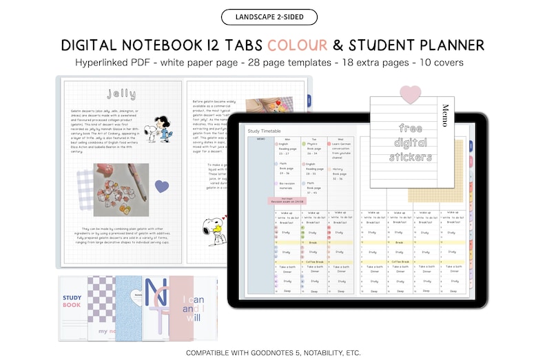 12 Tab Color Digital Notebook Landscape 2 Sided Minimalist for Student ...