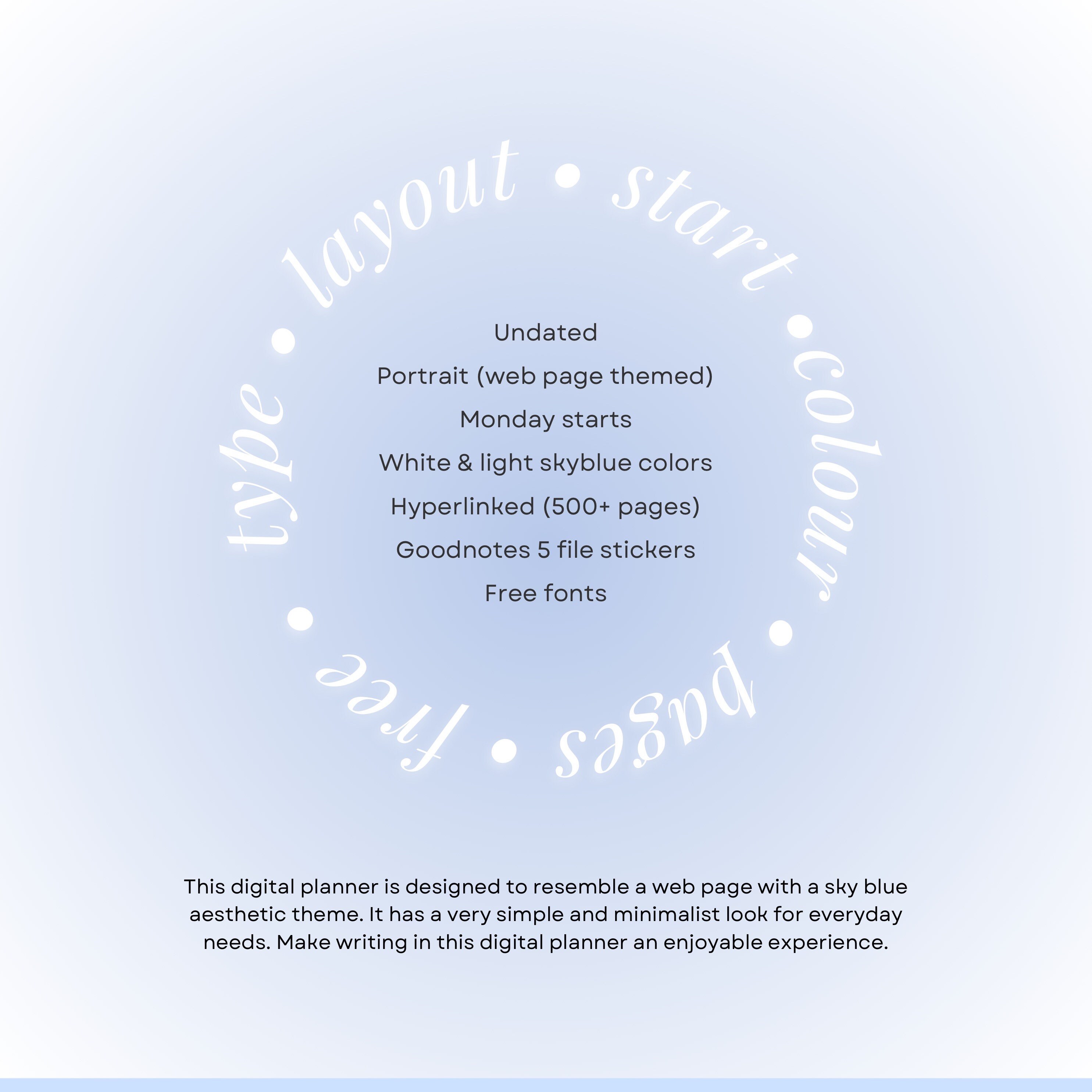 Undated Digital Planner Light Skyblue Aesthetic Web Themed Portrait Monthly Weekly Daily Study ...