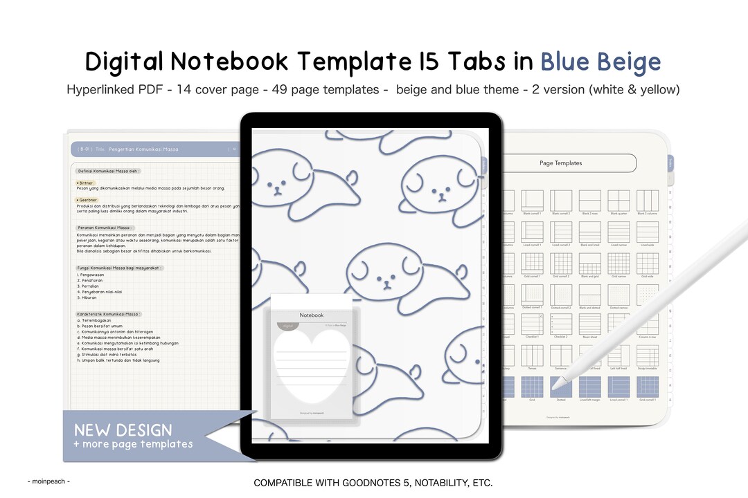 15 Tabs Digital Notebook Template in Blue Beige 2 Vers White and Yellow ...