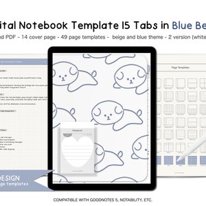 15 Tabs Digital Notebook Template in Blue Beige 2 Vers White and Yellow ...