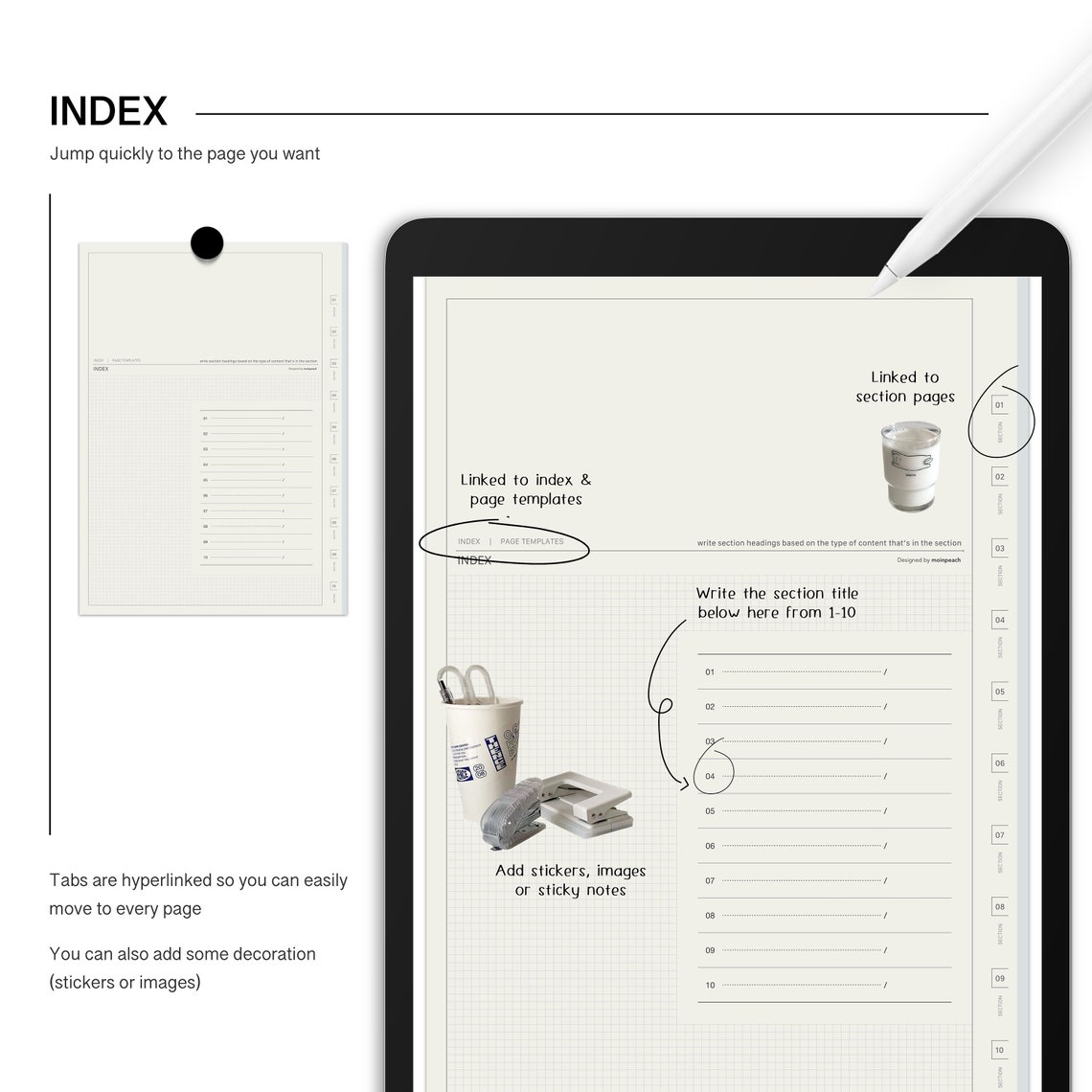 10 Tabs 54 Page Template Digital Notebook Minimalist Trendy Retro Style ...