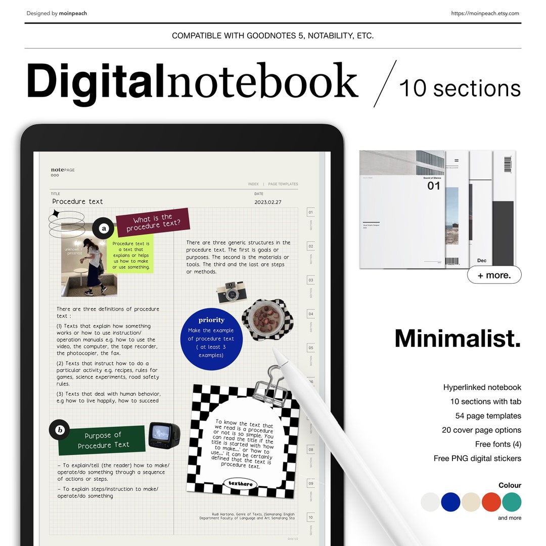 10 Tabs 54 Page Template Digital Notebook Minimalist Trendy Retro Style ...