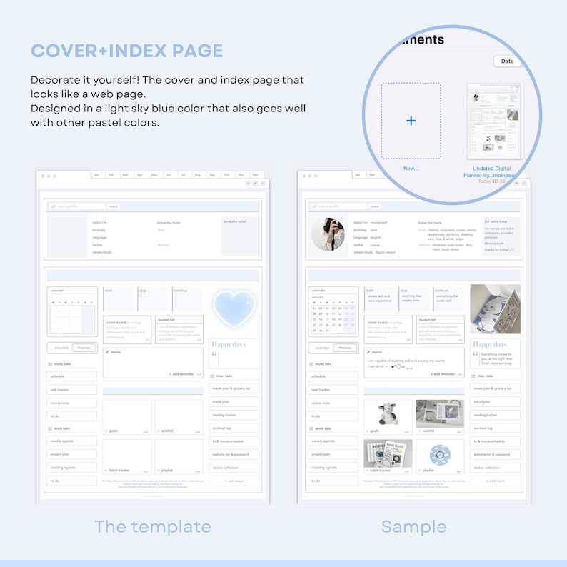 Undated Digital Planner Light Skyblue Aesthetic Web Themed Portrait Monthly Weekly Daily Study ...