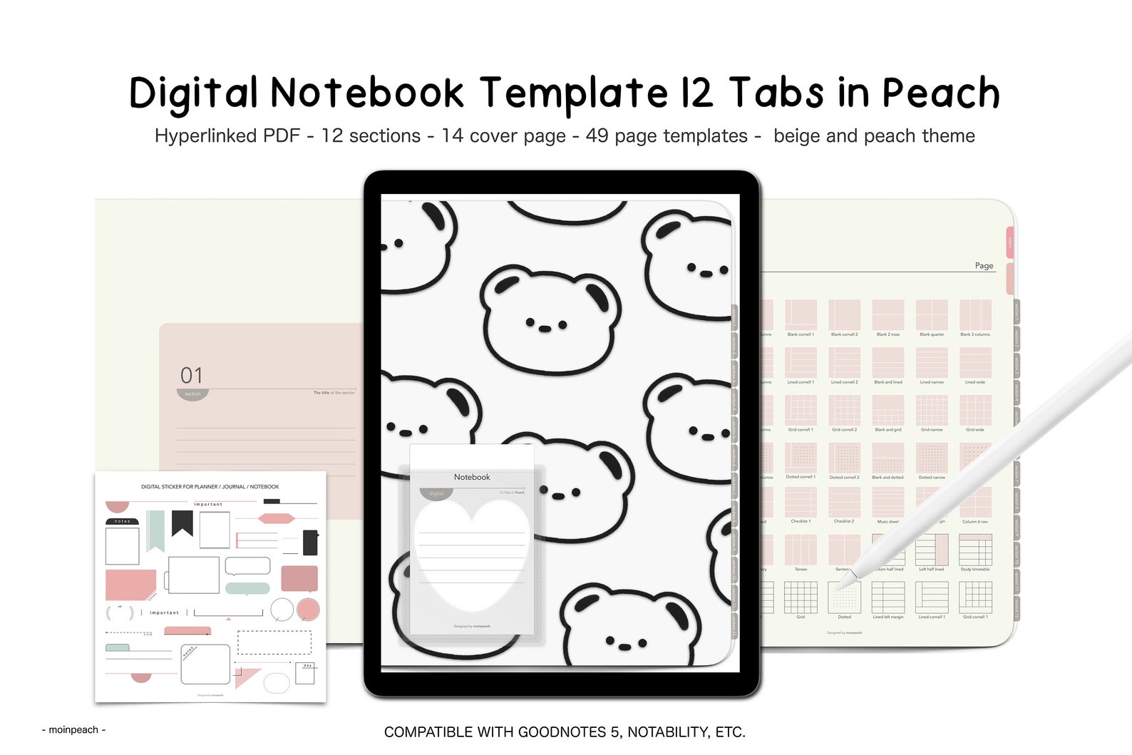 12 Tabs Digital Notebook Template in Peach Beige Page Cute - Etsy