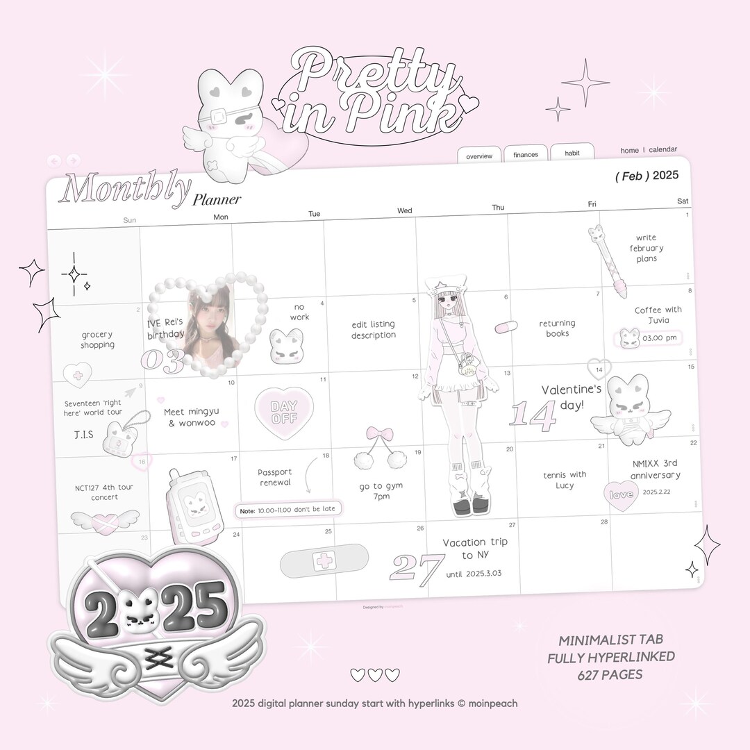2025 DIGITAL PLANNER Pretty in Pink Cute Landscape Layout Minimalist ...