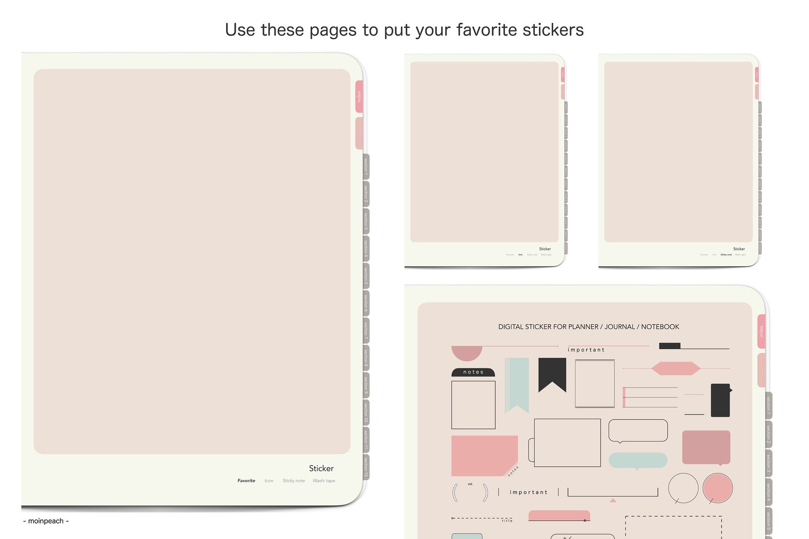 12 Tabs Digital Notebook Template in Peach Beige Page Cute - Etsy