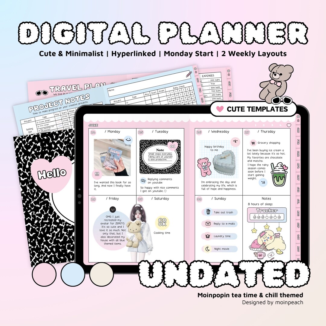 UNDATED Digital Planner Journal Diary Notebook Hyperlinked Cute ...