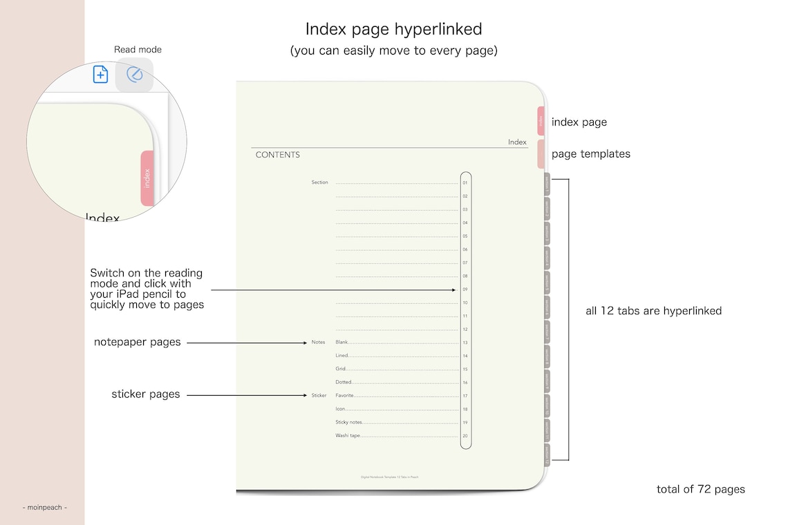 12 Tabs Digital Notebook Template in Peach Beige Page Cute - Etsy