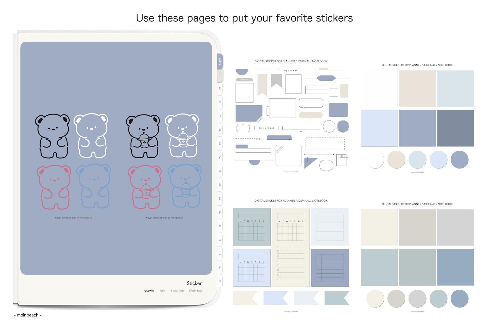 15 Tabs Digital Notebook Template in Blue Beige 2 Vers White - Etsy