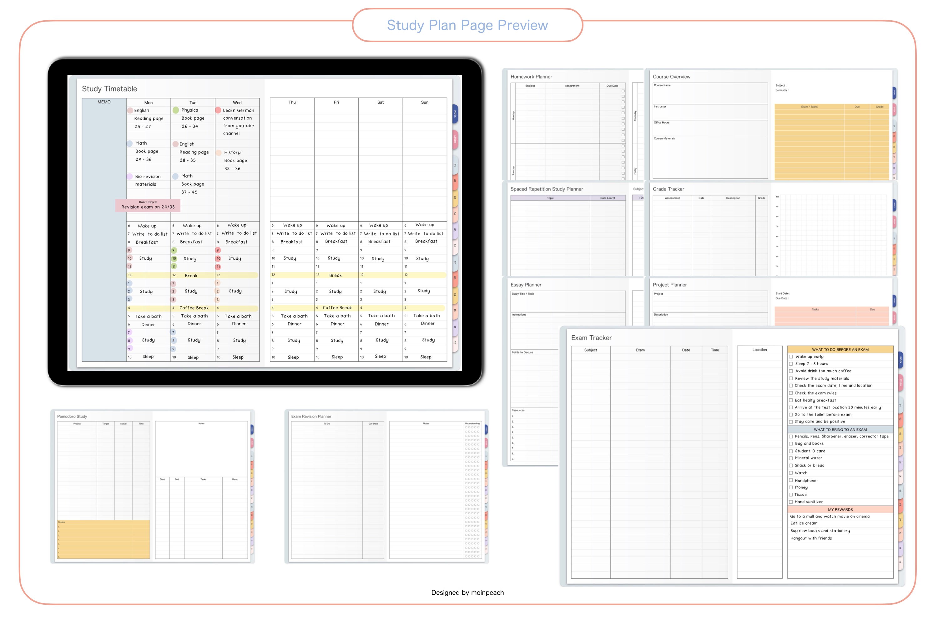12 Tab Color Digital Notebook Landscape 2 Sided Minimalist for Student ...
