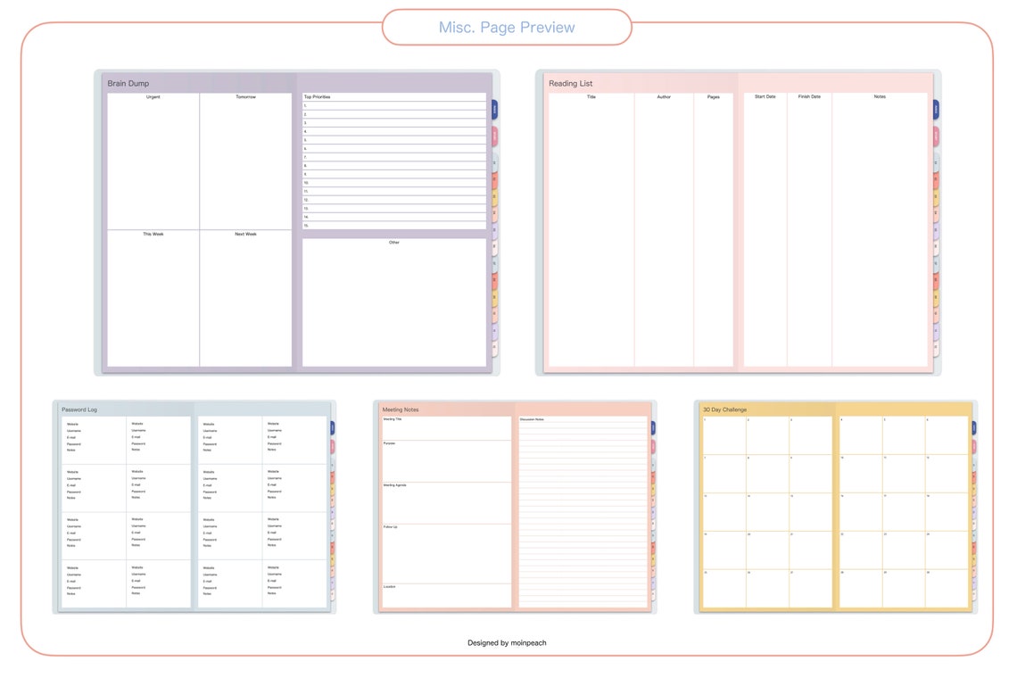 12 Tab Color Digital Notebook Landscape 2 Sided Minimalist for - Etsy