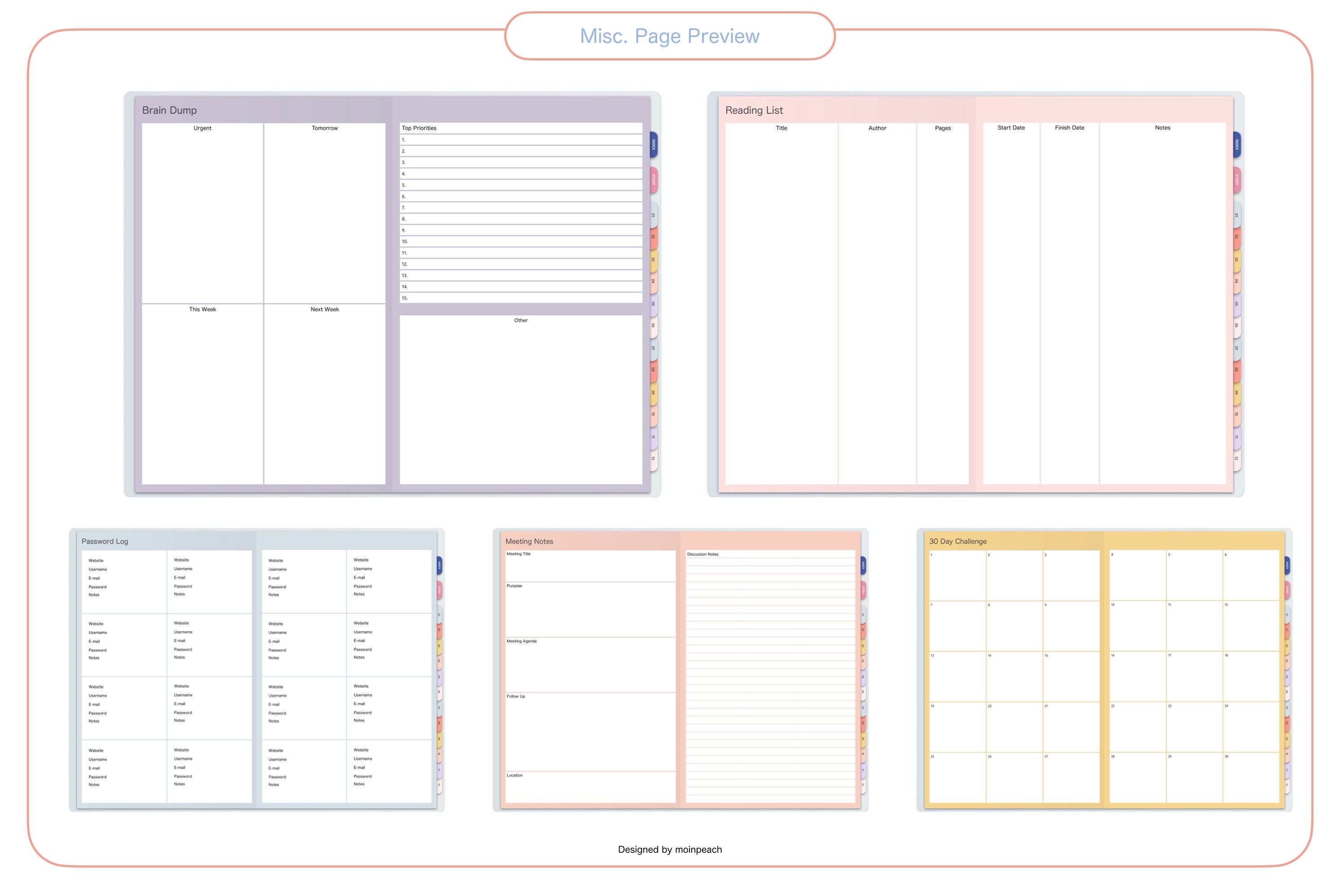 12 Tab Color Digital Notebook Landscape 2 Sided Minimalist for Student ...