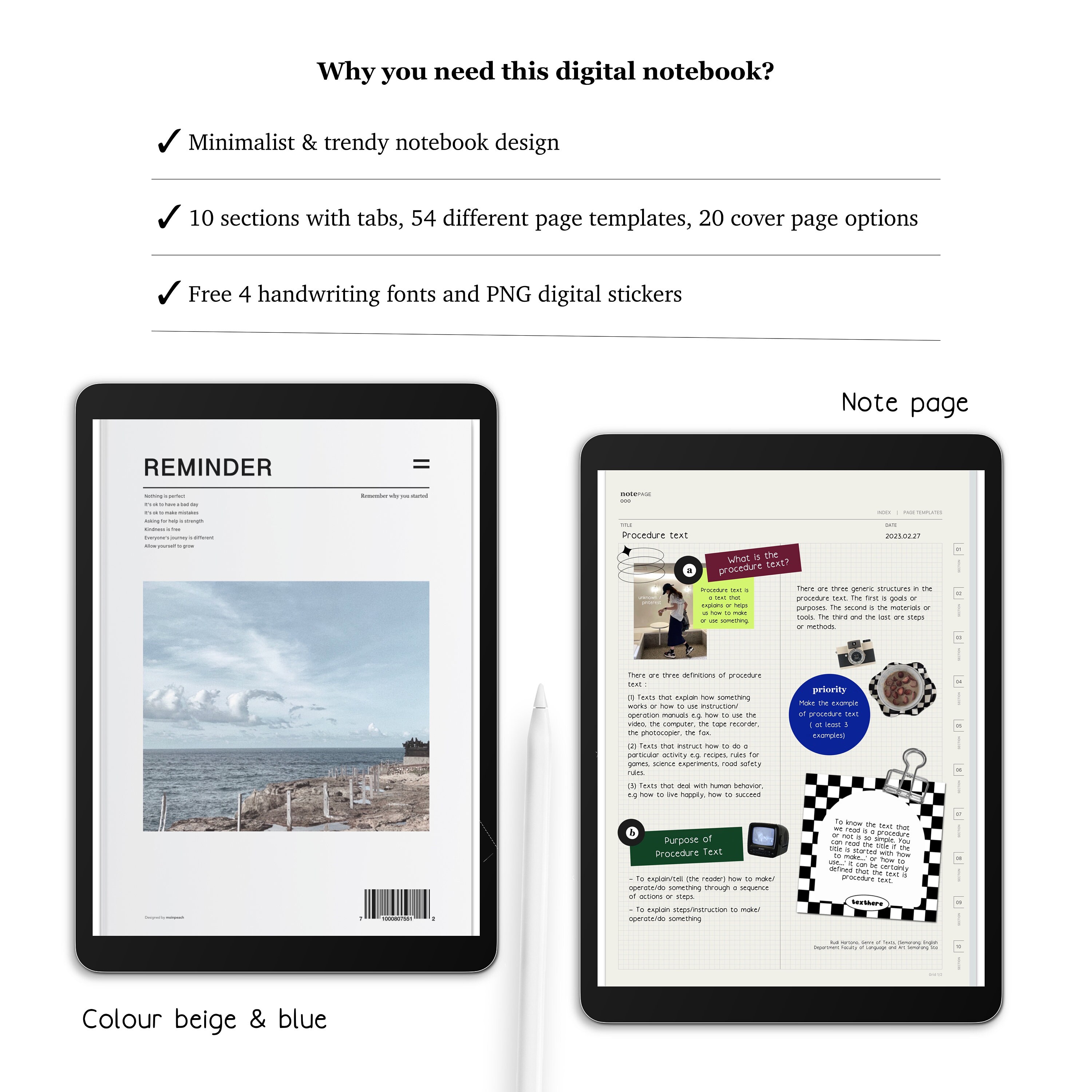 10 Tabs 54 Page Template Digital Notebook Minimalist Trendy Retro Style ...