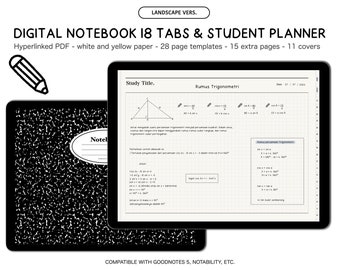 18 Tab 2 Vers Digital Notebook Minimalist Study Book Printable Black ...