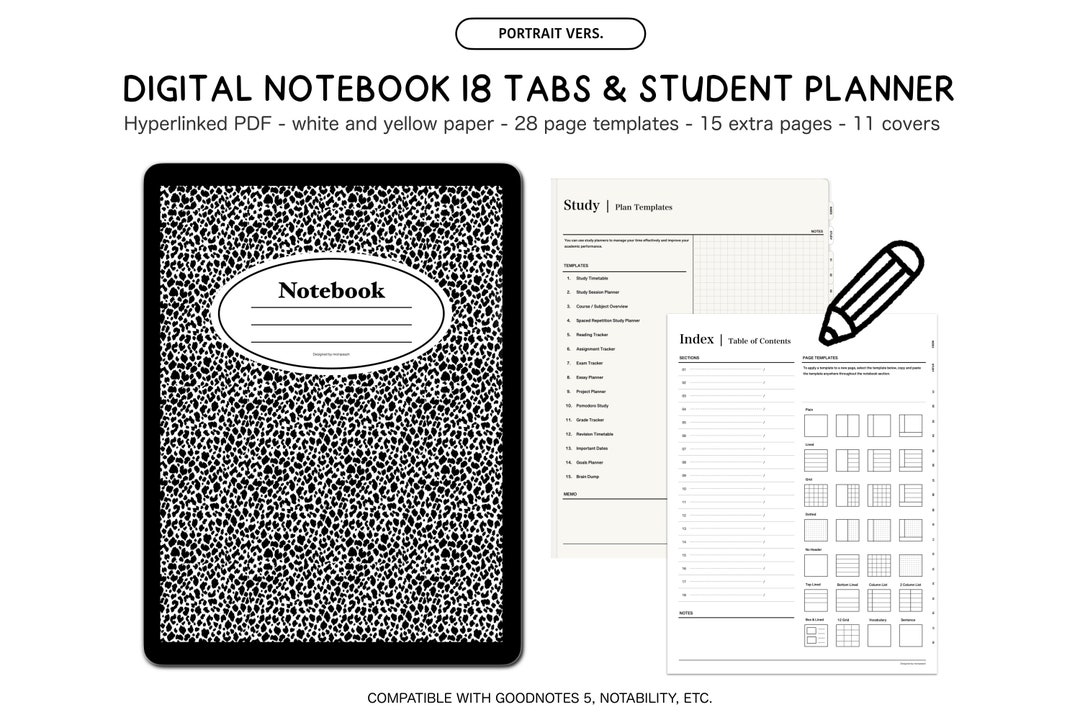 18 Tab 2 Vers Digital Notebook Minimalist Study Book Printable Black ...