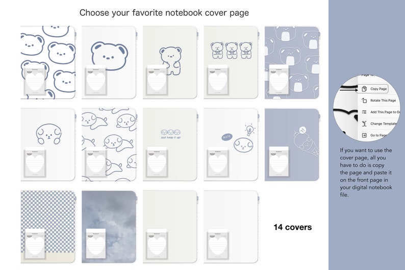 15 Tabs Digital Notebook Template in Blue Beige 2 Vers White and Yellow ...