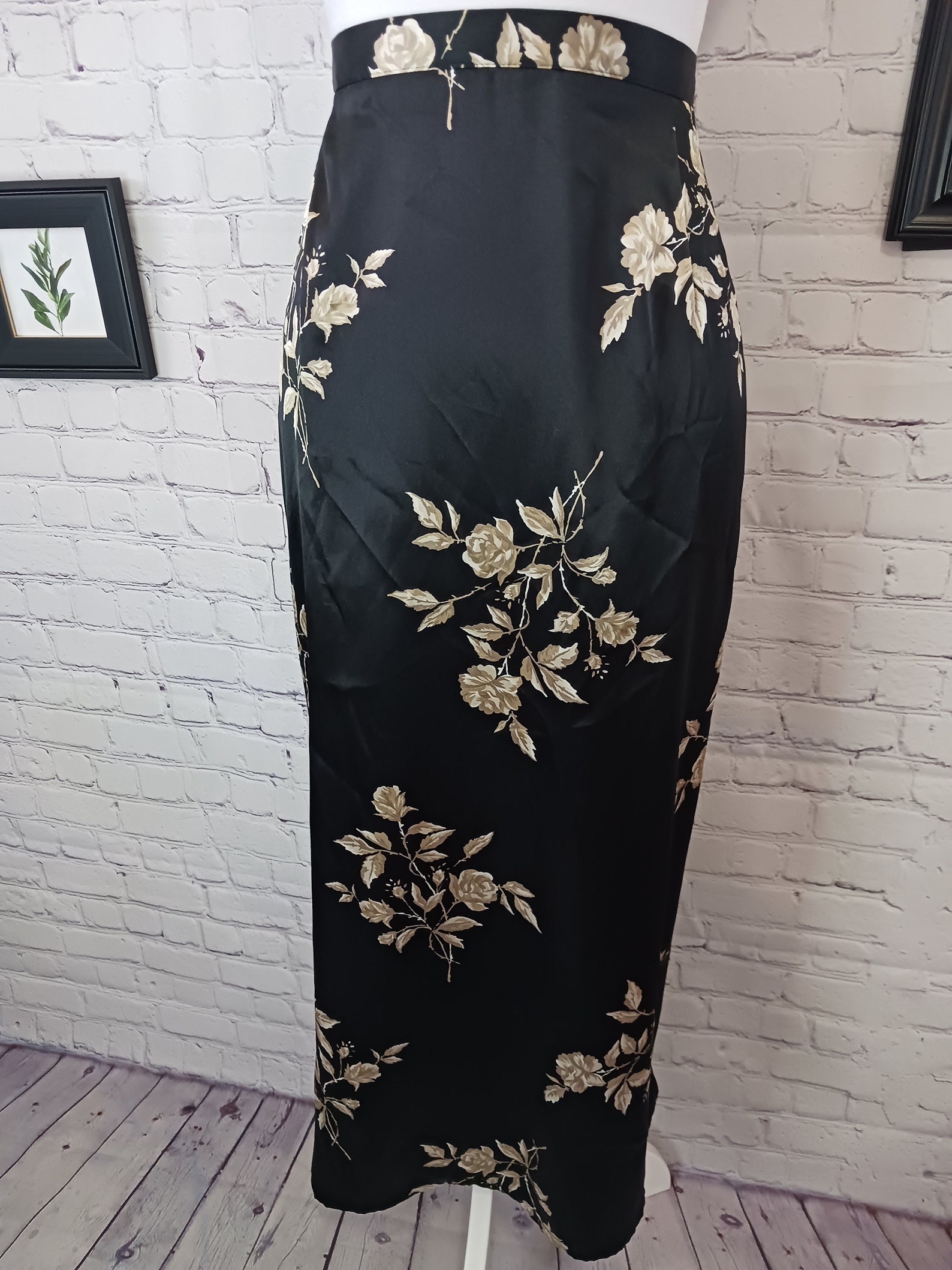 Vintage 90's Skirt Black and Beige Floral Skirt 90's Clothing Vintage ...