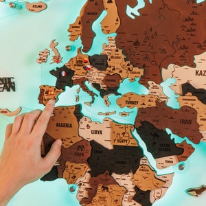 3D Led World Map Illuminated Wooden World Map Wall Decor Push Pin Map World Map With Light Brown ...
