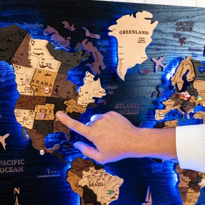Led World Map Wall Art, Large World Map Push Pin, 3d Wood World Map ...