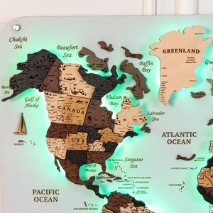 Led Wall Map of the World Canvas Wooden Art, World Map Wall Art Wooden ...