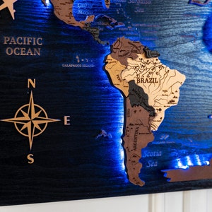 Led World Map Wall Art, Large World Map Push Pin, 3d Wood World Map ...