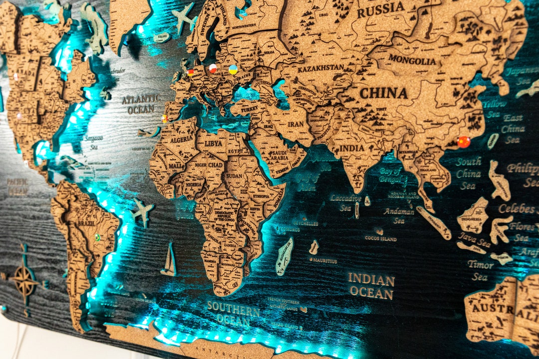 Led World Map on Canvas, Cork Map Apartment Decor, Wooden Map, World ...
